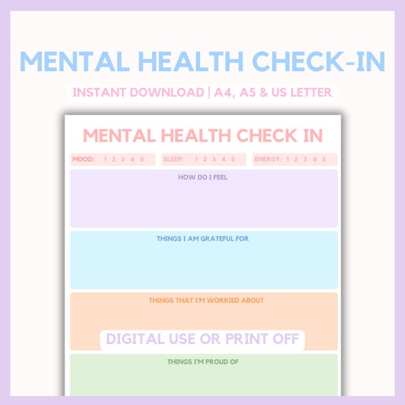 Mental Health Check in Worksheet Template, Daily Journal Prompts, Self ...