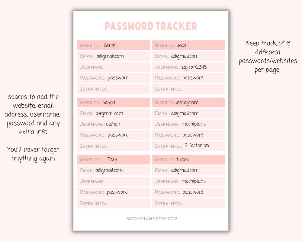 Password Tracker Printable Template Password Keeper Password Organizer ...