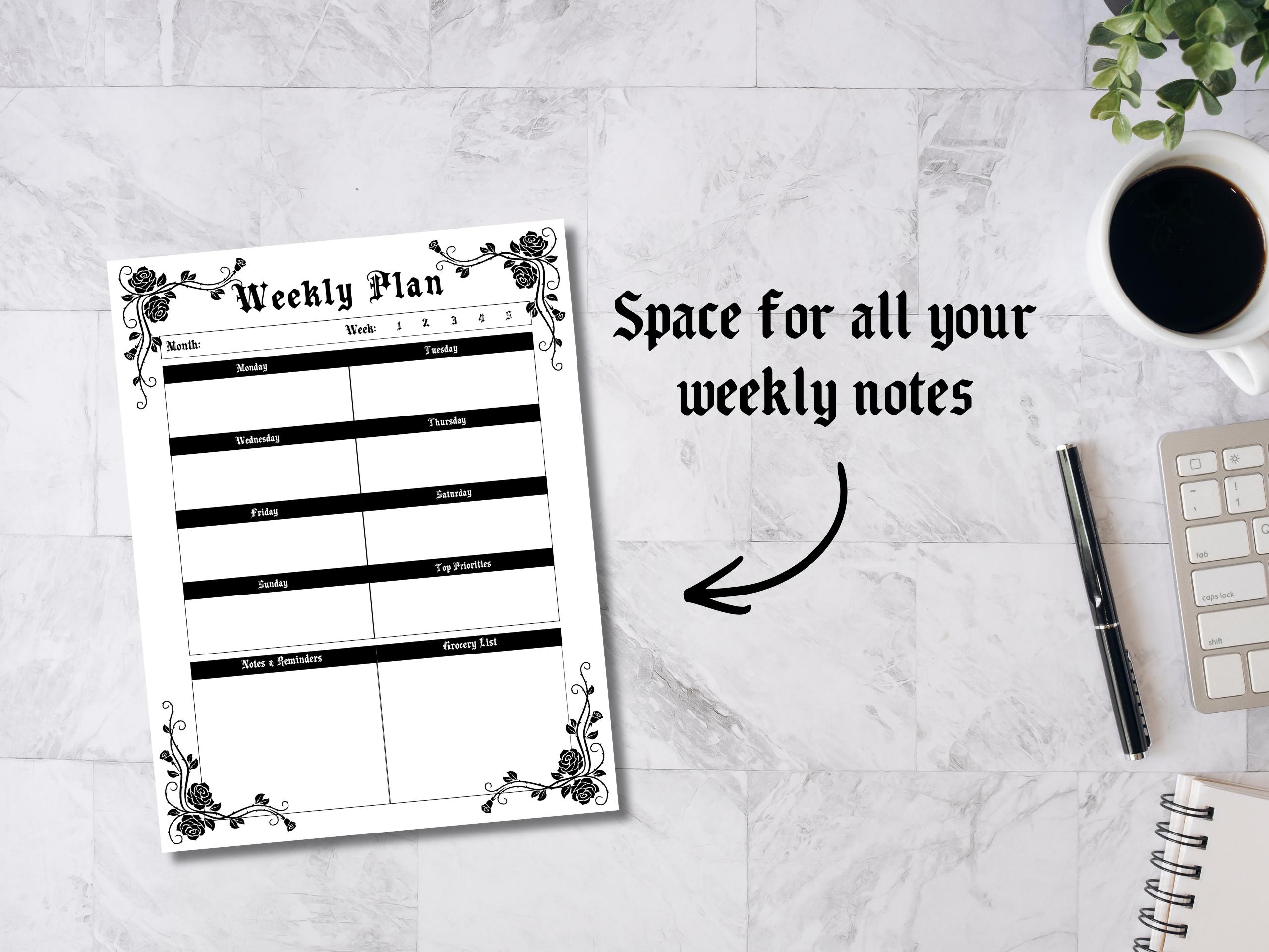 Printable Gothic Rose Weekly Planner | Dark Academia Weekly Plan ...