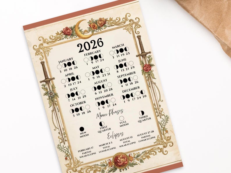 Medieval Sword Moon Calendar 2026 | Vintage Style Lunar Phases Planner ...