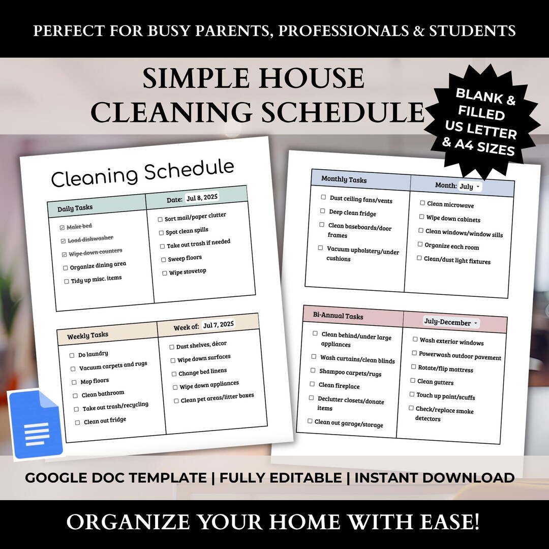 Editable Cleaning Schedule, Printable Family Chore Chart, Daily Weekly ...