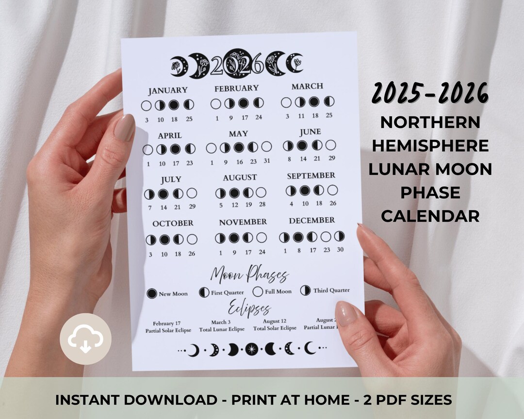 Lunar Calendar 2025-2026, Moon Phases Printable Calendar, Digital ...