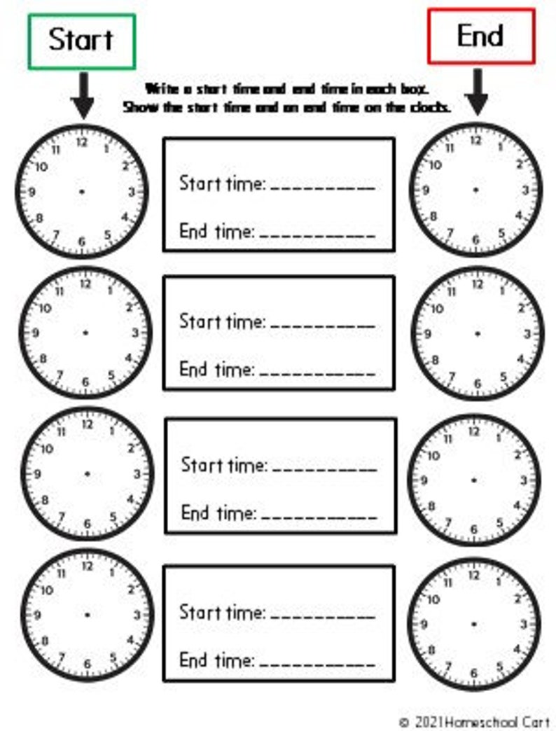 Telling the Time (start and End Time) Blank Templates - Etsy
