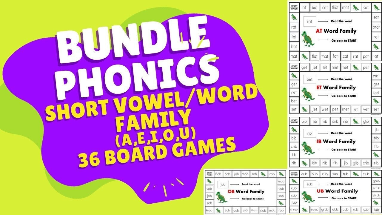 36 Phonics Short Vowel Word Family Game Boards BUNDLE - Etsy