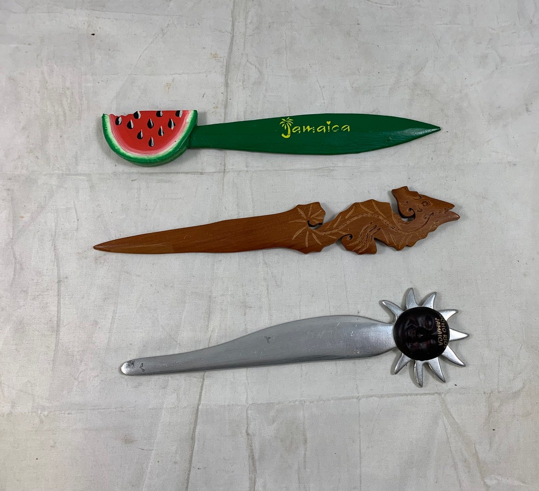 Hand Carved Letter Opener Set: Pewter Sun, Floral, Jamaica Watermelon ...