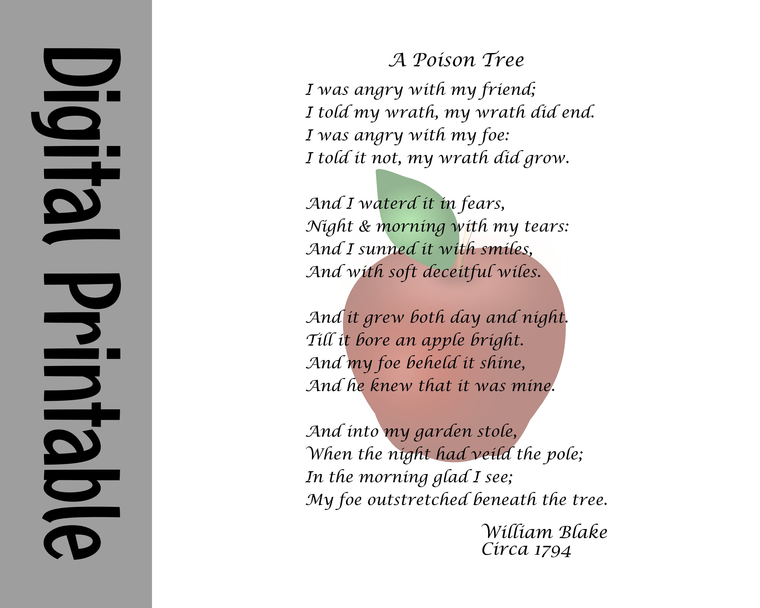 William Blake. A Poison Tree Poem. Calligraphy Font. Digital Download ...