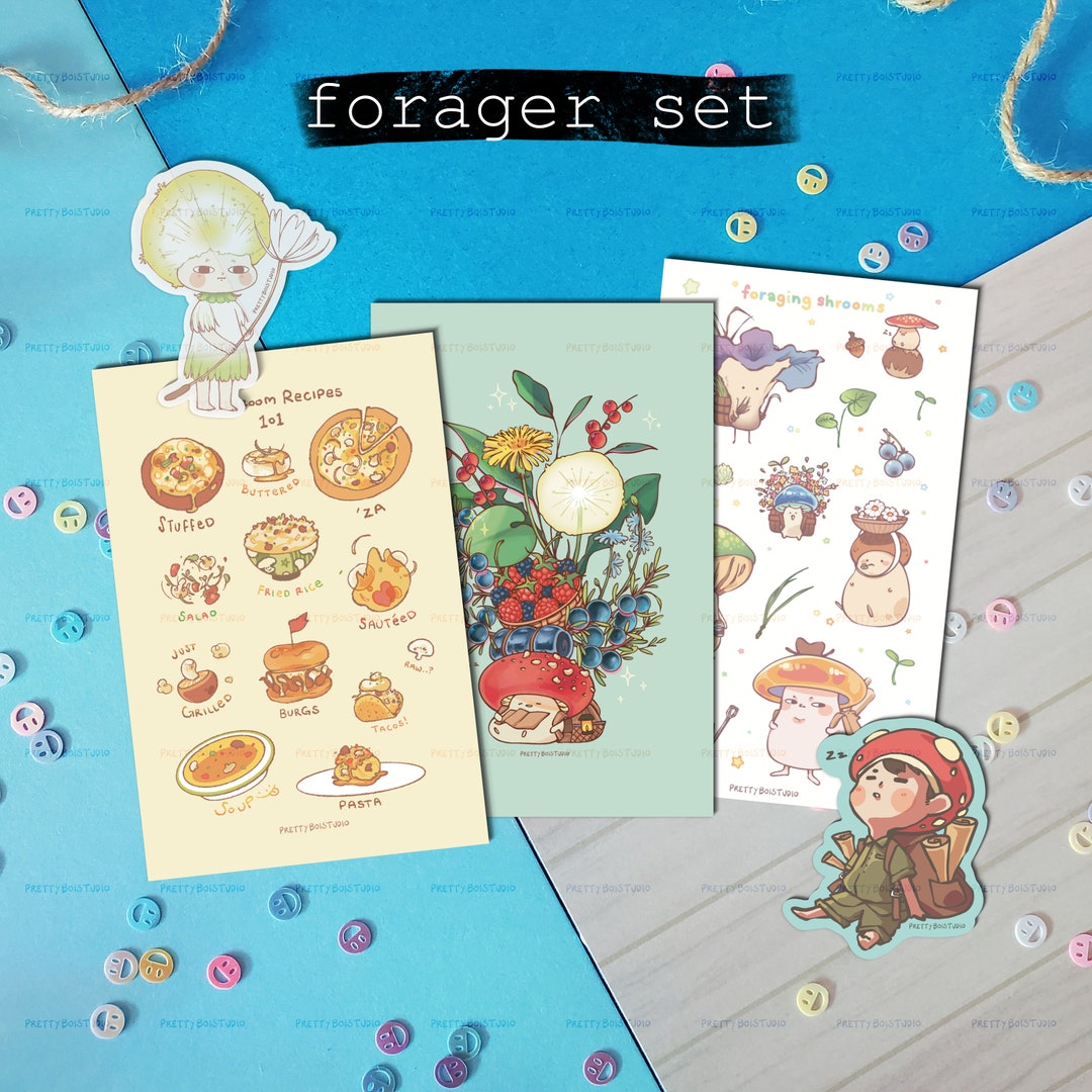 Forager Set / Mushroom Explorer Art Print, Foragin Shrooms Sticker ...