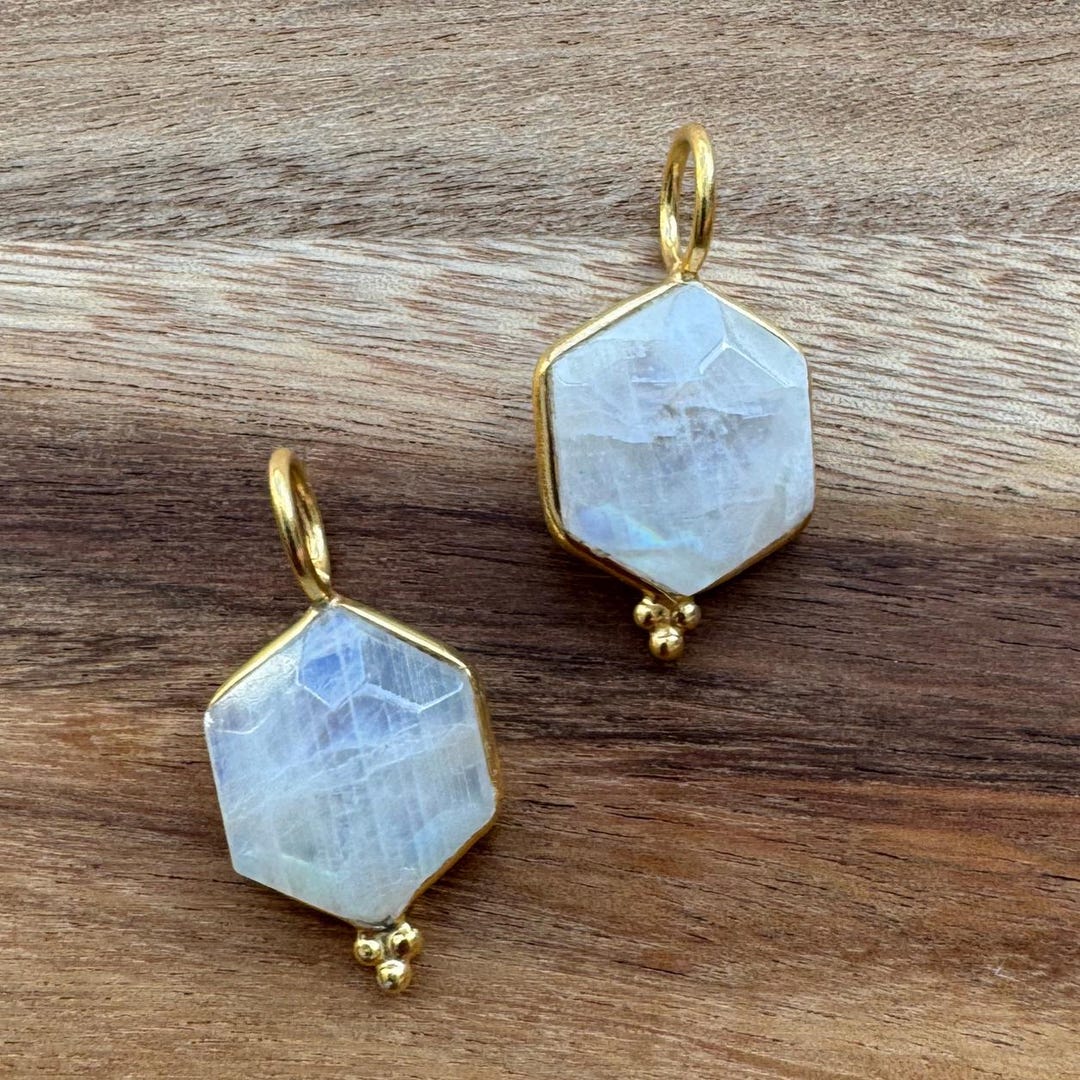 Birthstone Pendant Charm - 12mm Hexagonal Rainbow Moonstone Gemstone ...