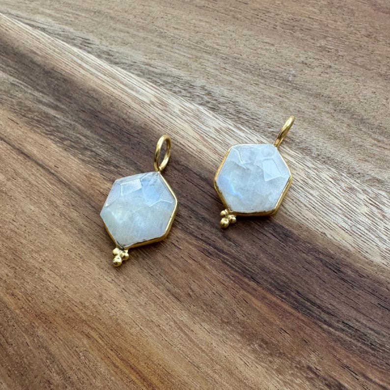 Birthstone Pendant Charm - 12mm Hexagonal Rainbow Moonstone Gemstone ...