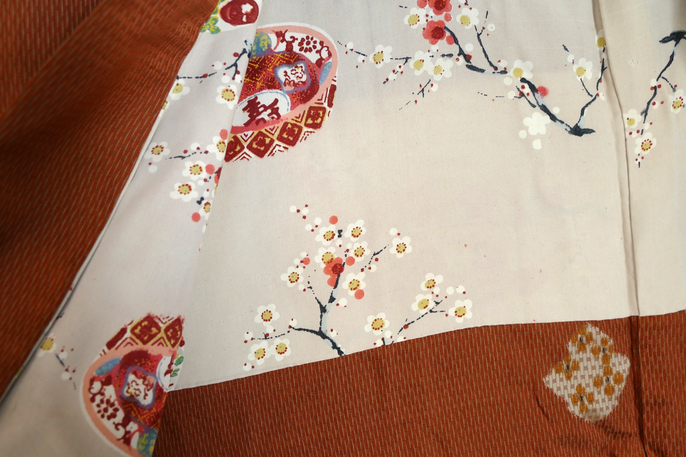 Vintage Japanese Silk Kimono Haori Jacket Overcoat, Rust Cream Ikat ...