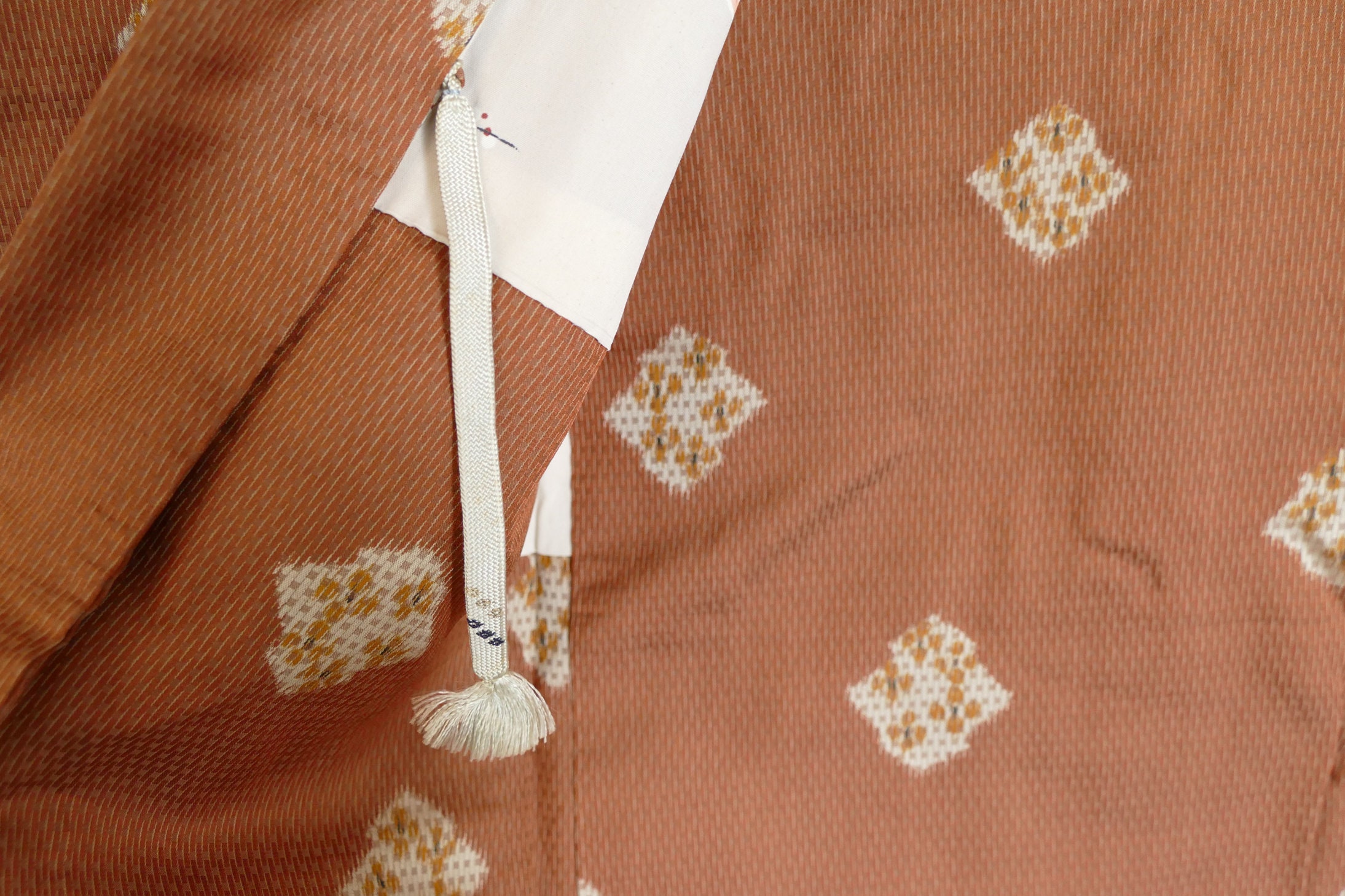 Vintage Japanese Silk Kimono Haori Jacket Overcoat, Rust Cream Ikat ...