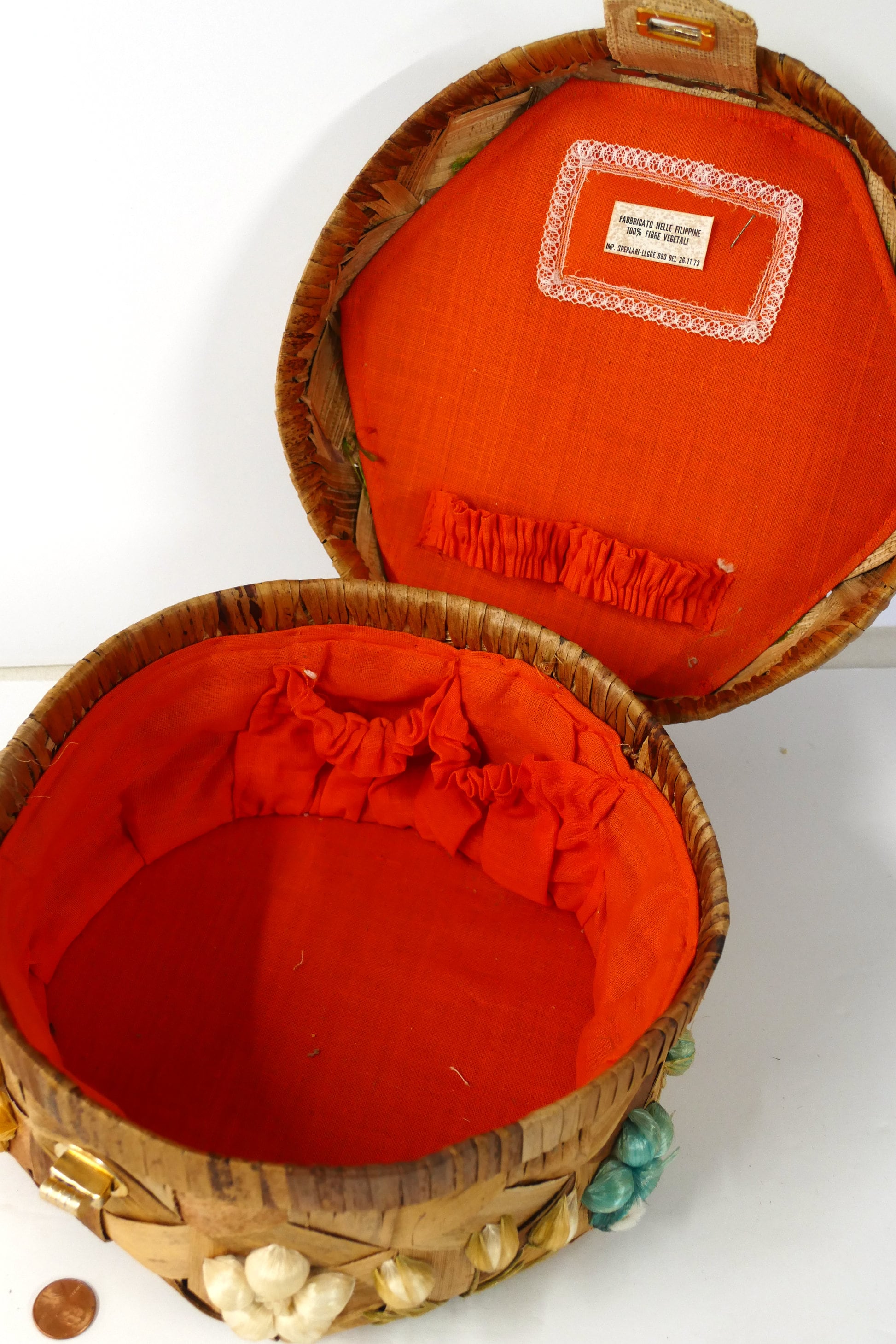 Vintage Philippine Woven Sewing Basket, Reed Raffia With Flowers, Lined ...