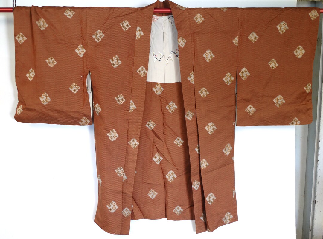 Vintage Japanese Silk Kimono Haori Jacket Overcoat, Rust Cream Ikat ...