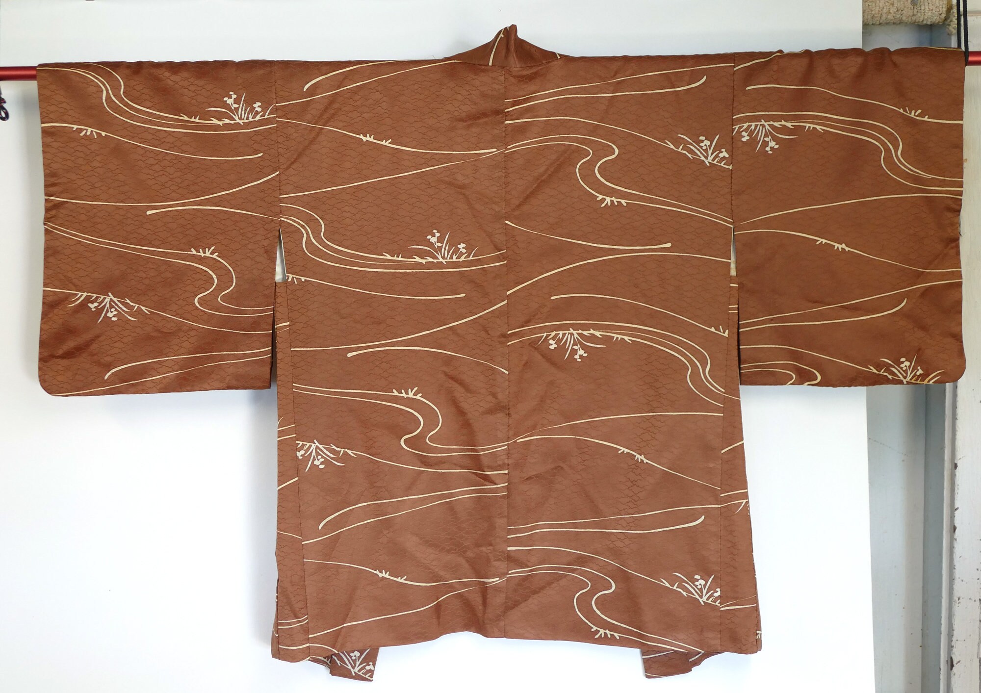 Vintage Japanese Silk Kimono Haori Jacket Overcoat, Coppery Brocade ...