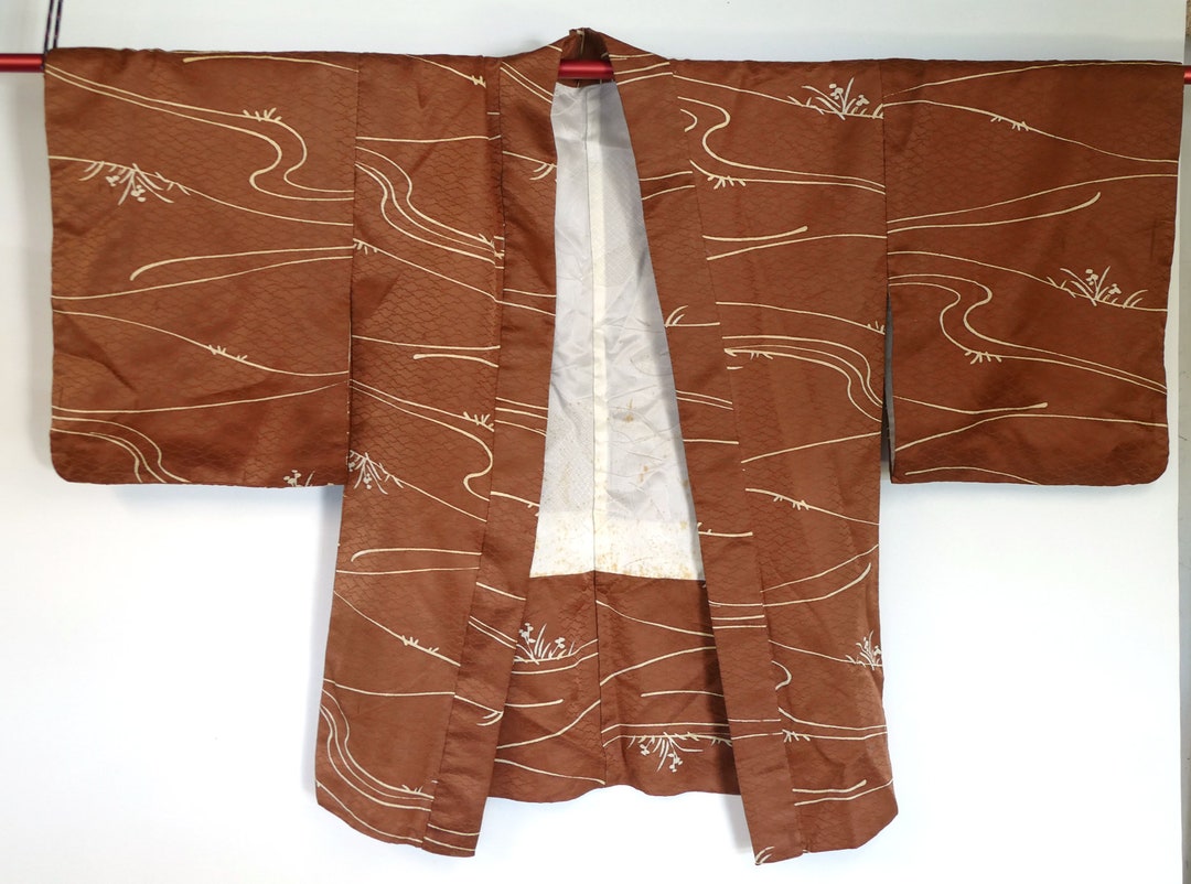Vintage Japanese Silk Kimono Haori Jacket Overcoat, Coppery Brocade ...