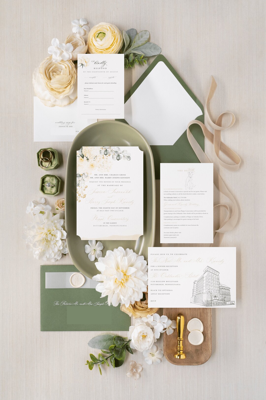 Pittsburgh Hotel Themed Wedding Invitation Set | Eucalyptus and Cream ...