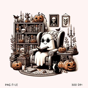 Ghost Reading Book Png, Halloween Bookshelf Png, Ghostly Bookish Png ...