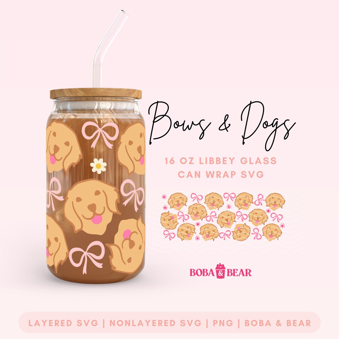 Dog Cup Wrap Svg, Cute Libby Cup Svg, Glass Cup Svg, Pink Bows Svg Wrap ...