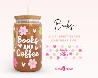 Books and Coffee Wrap for Libbey 16oz and 20oz Can Glass Wrap, Bookish ...