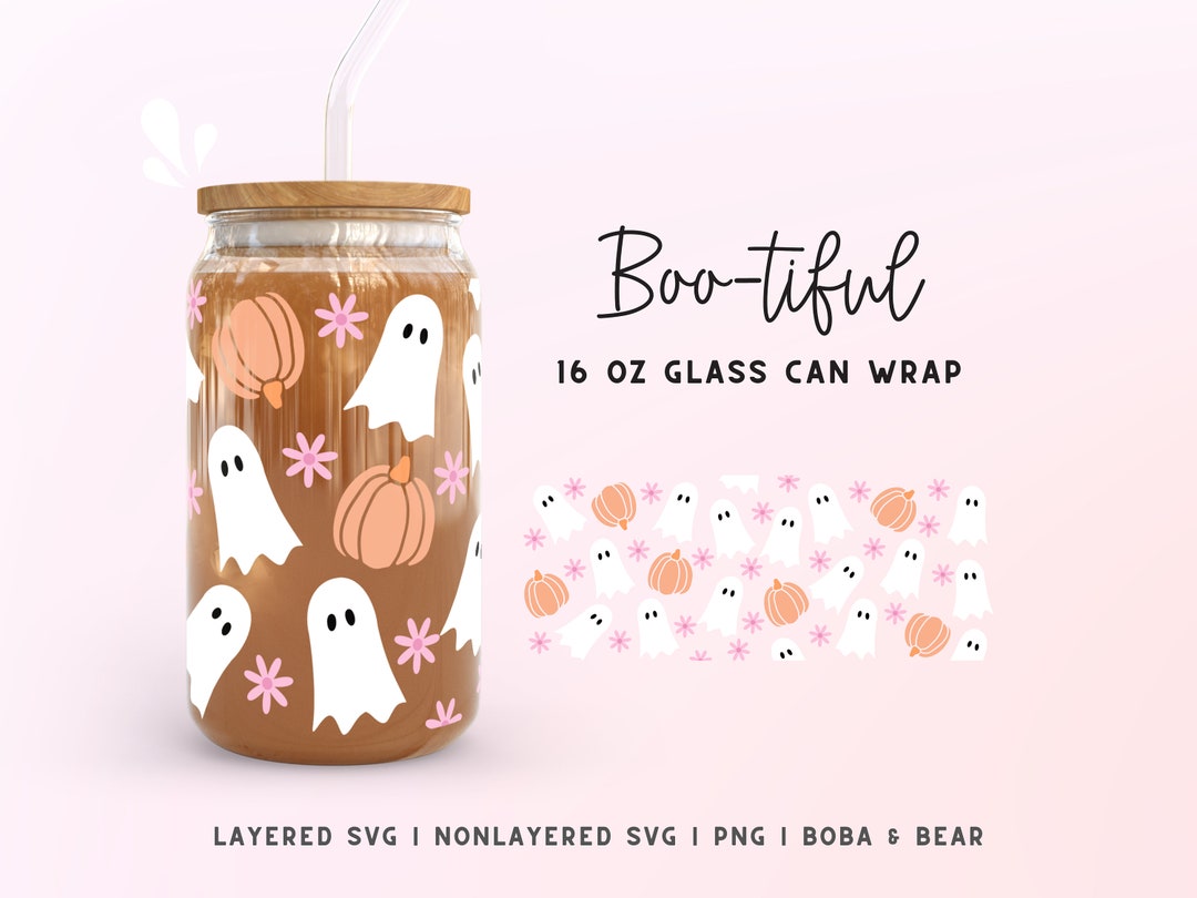 Ghost Libbey Glass Svg, 16oz Glass Can Wrap, Pumpkin Glass Can Svg ...
