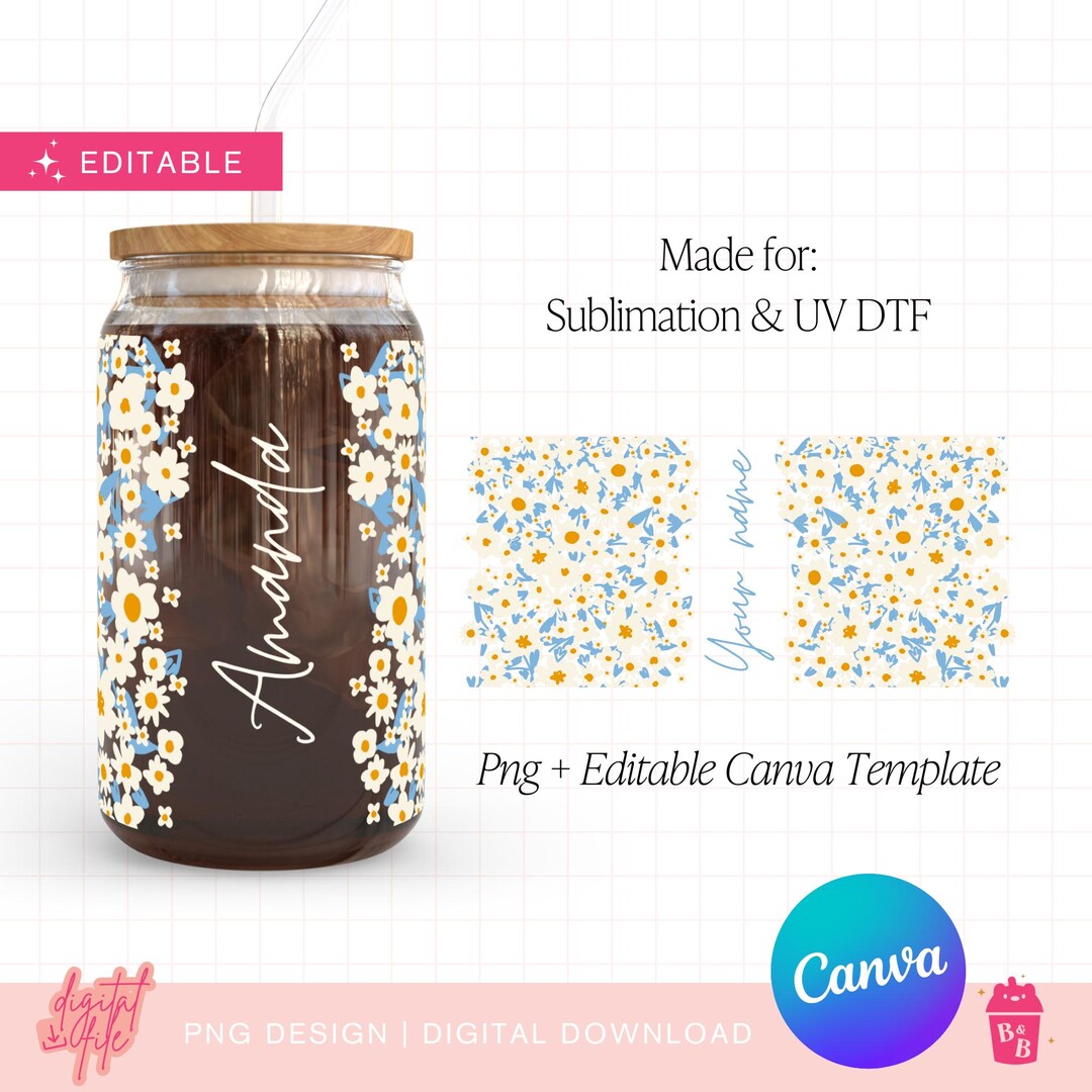 Floral Cup Wrap PNG: Personalized Name, Editable Canva Template (16oz ...
