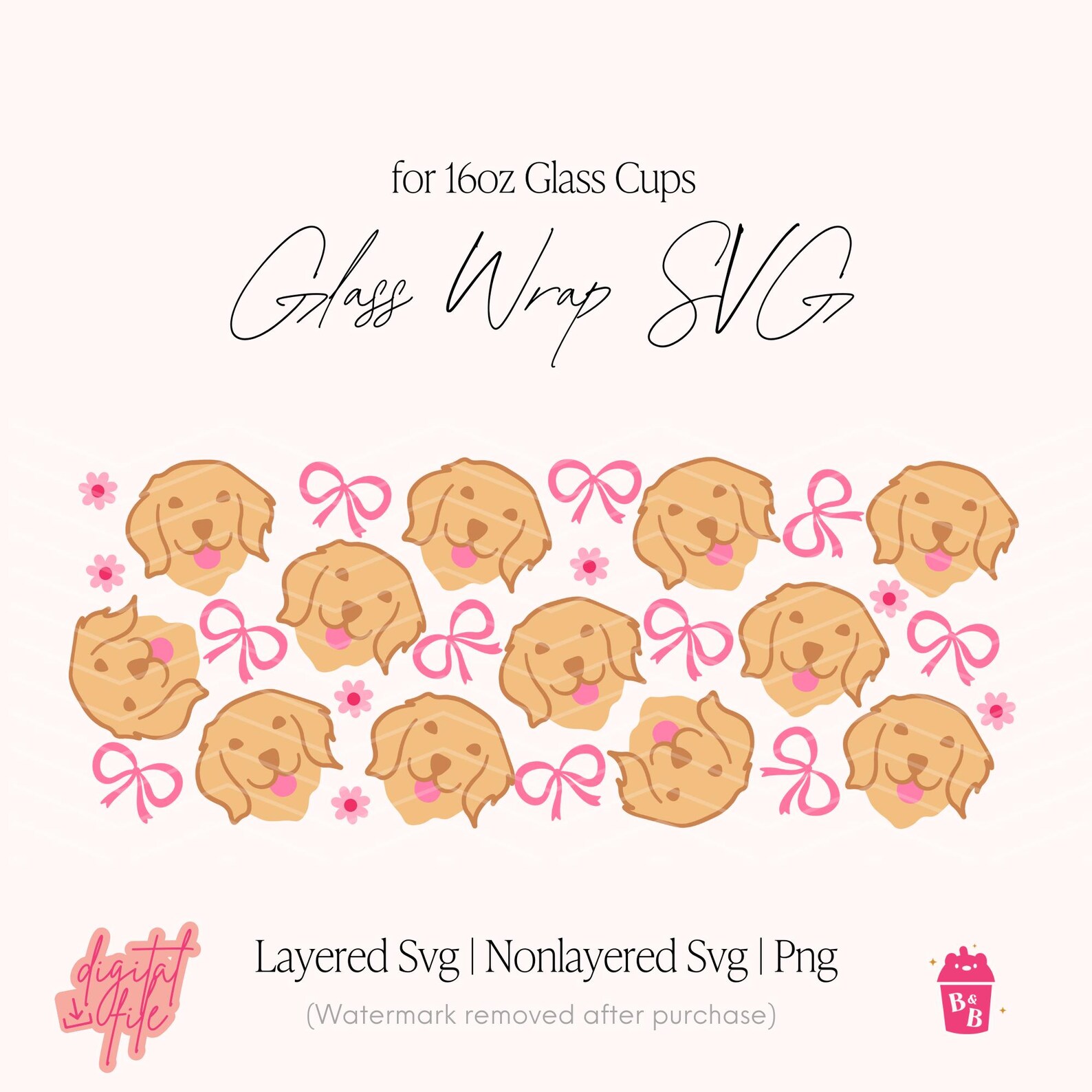 Dog Cup Wrap Svg, Cute Libby Cup Svg, Glass Cup Svg, Pink Bows Svg Wrap ...