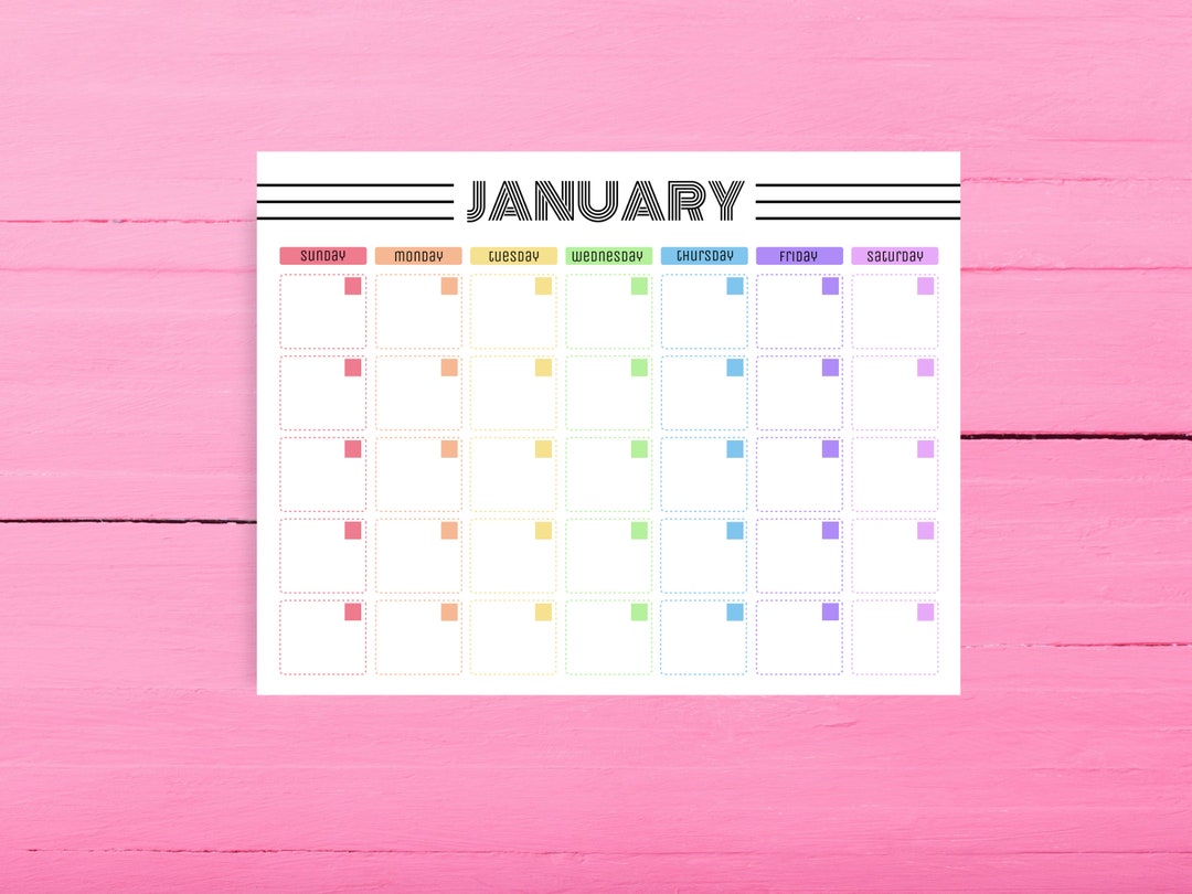 Printable Rainbow Calendar Landscape Monthly Calendars Planner Yearly ...