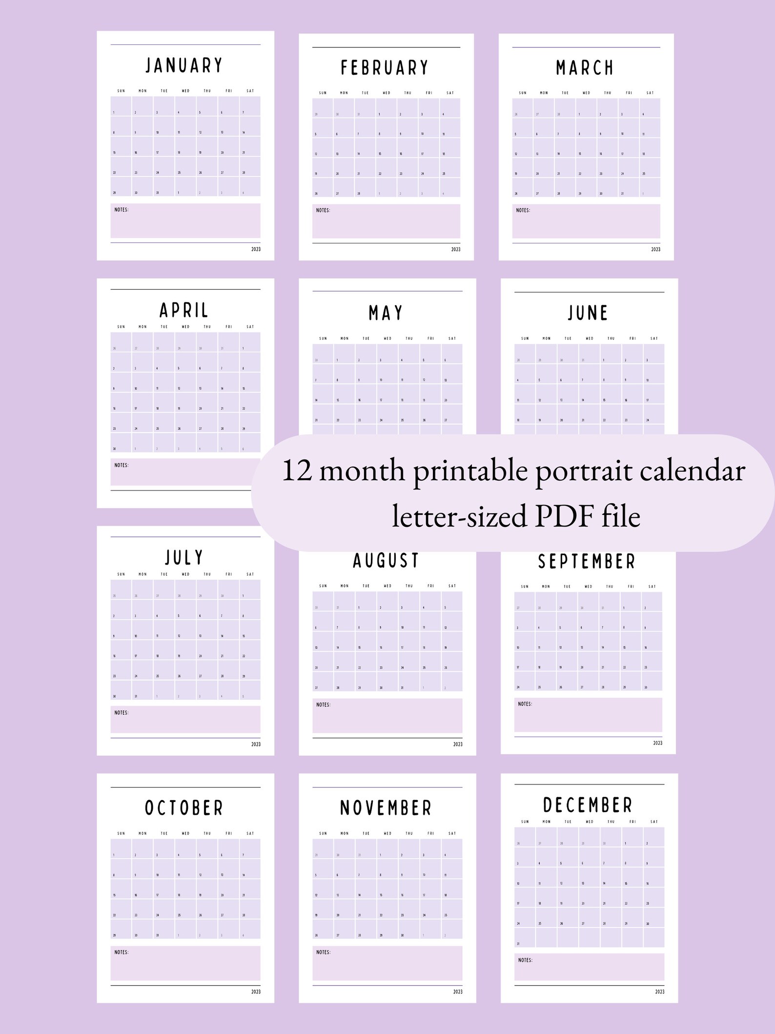 2023 Printable Calendar Portrait Monthly Calendars, Planner Yearly ...