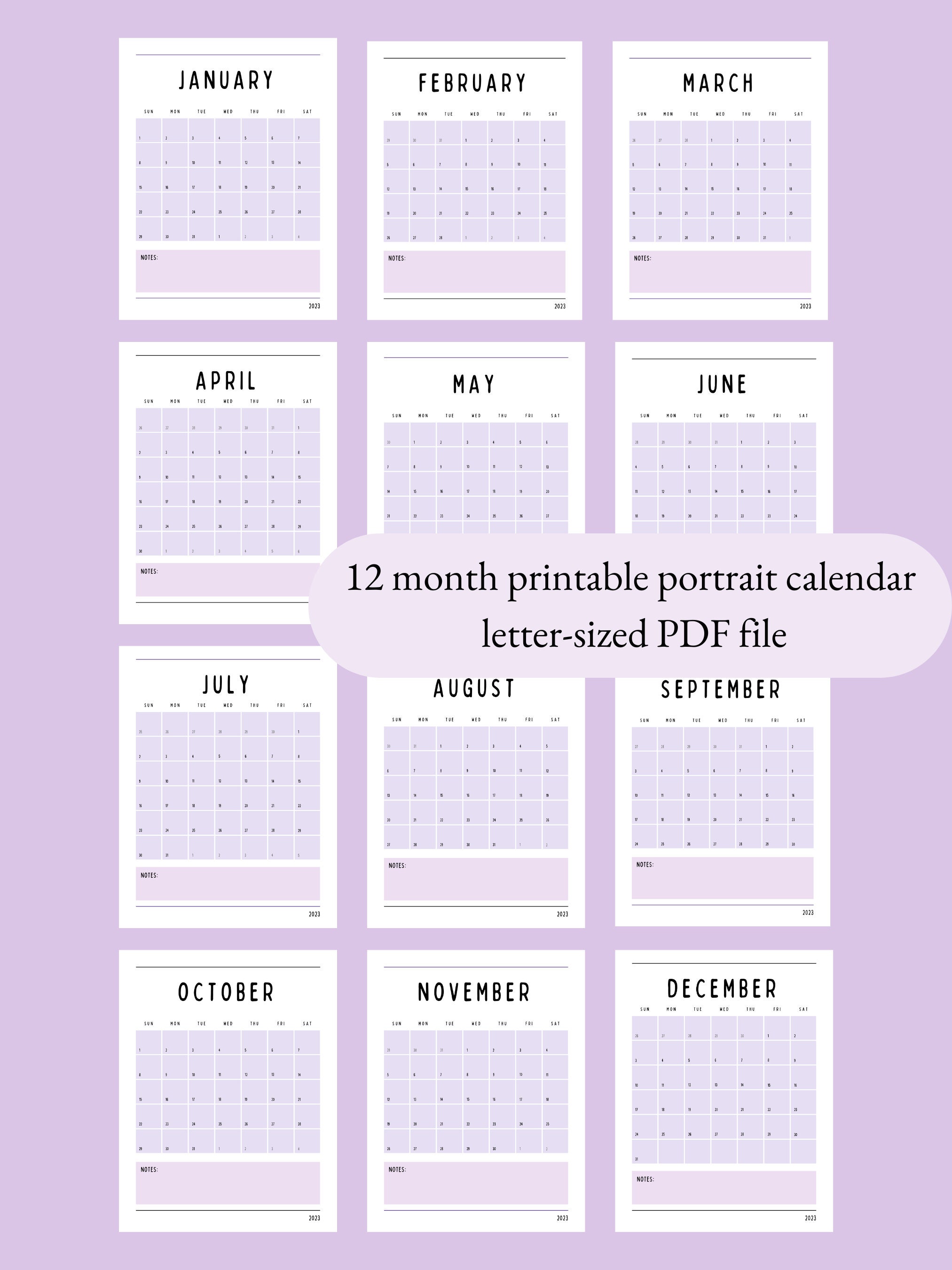 2023 Printable Calendar Portrait Monthly Calendars, Planner Yearly ...