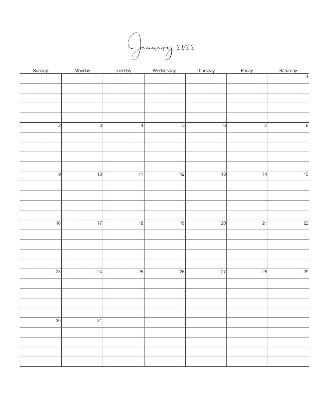 Printable 2022 Calendar Lined and Dated Calendarclassic Calendar - Etsy