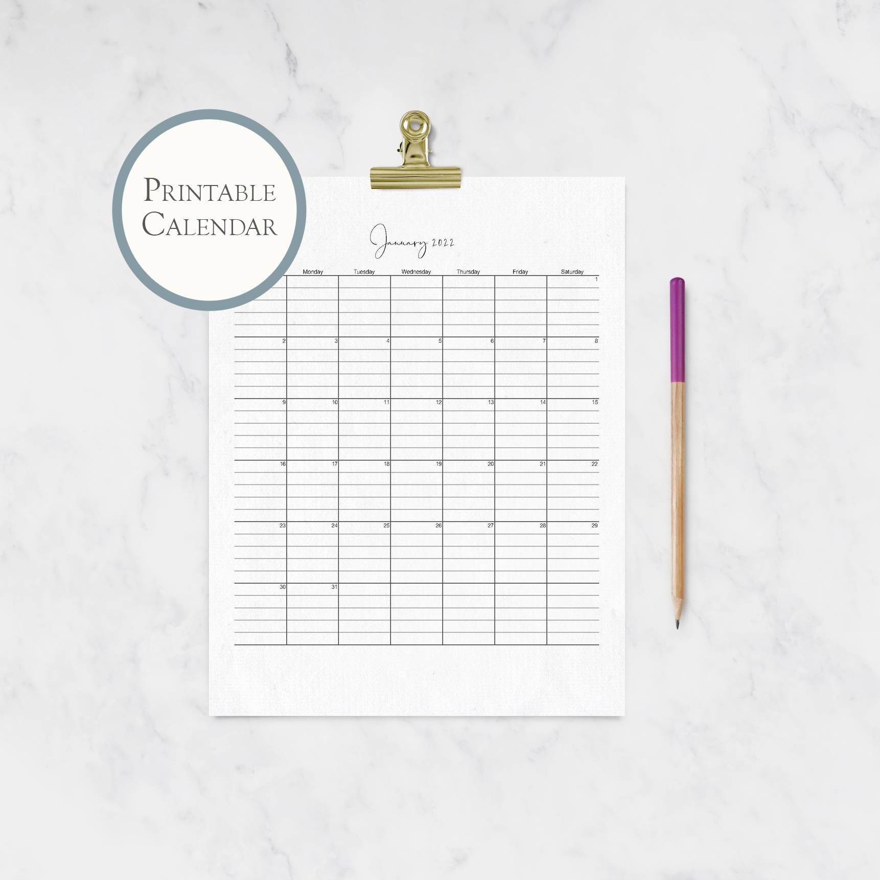 Printable 2022 Calendar Lined and Dated Calendarclassic Calendar - Etsy