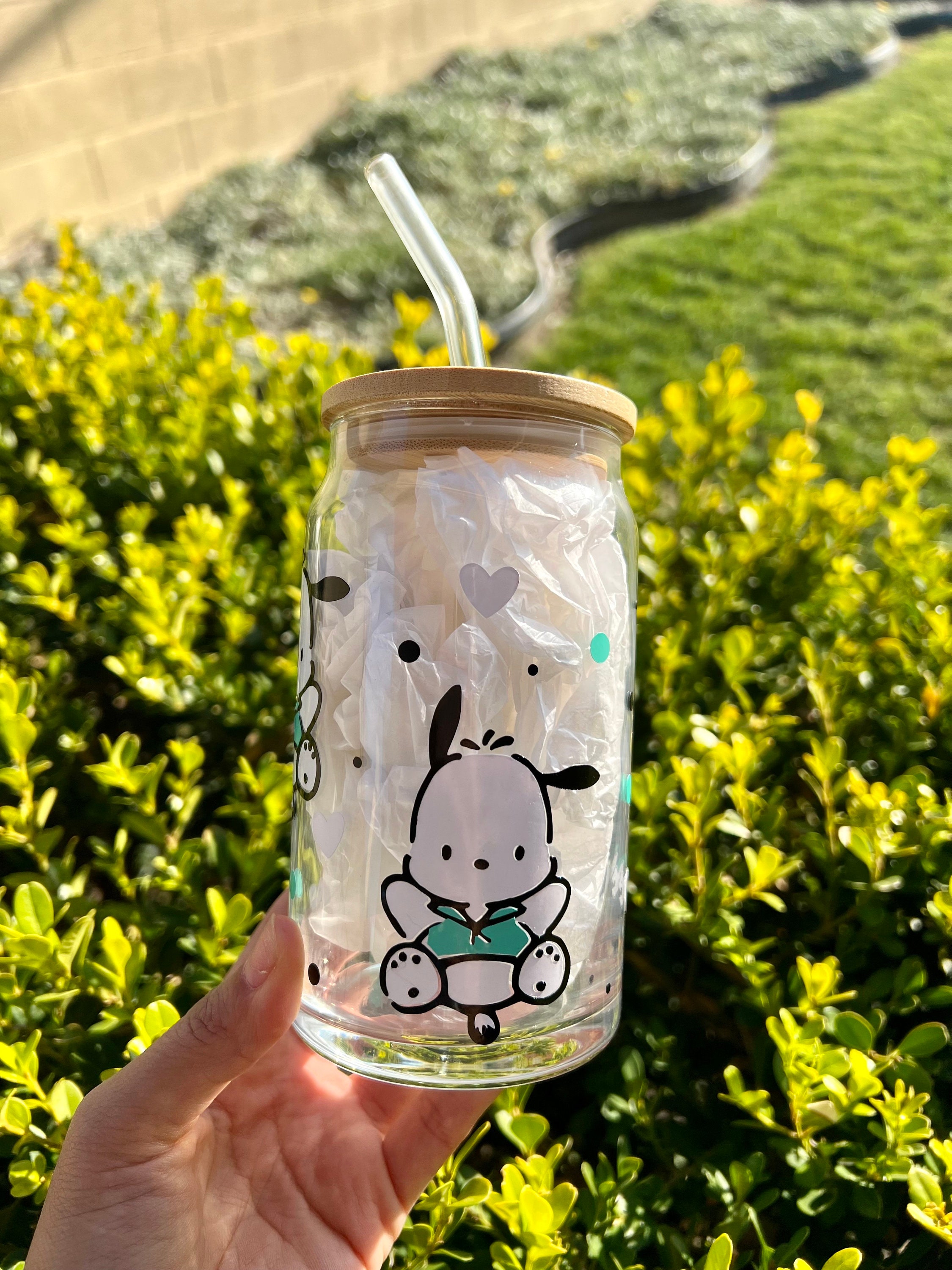 Pochacco Pup, My Melody, Hello Kitty, Pompom Purin Glass Cup With Lid ...