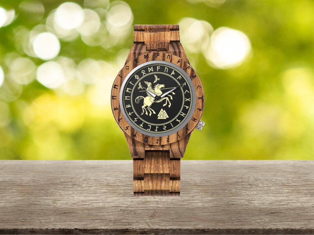 Customized Wooden Analog Watch Featuring Odin, Sleipnir, and Ravens ...