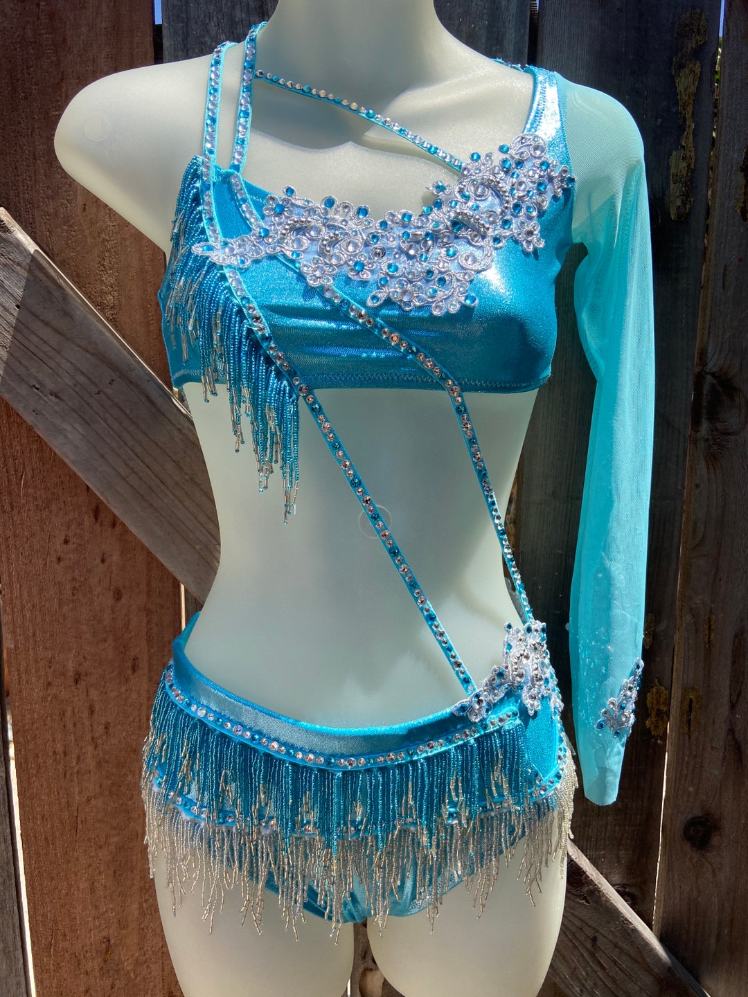 Strappy Jazz Solo Costume. Turquoise Blue Fringe Jazz Costume. Custom ...
