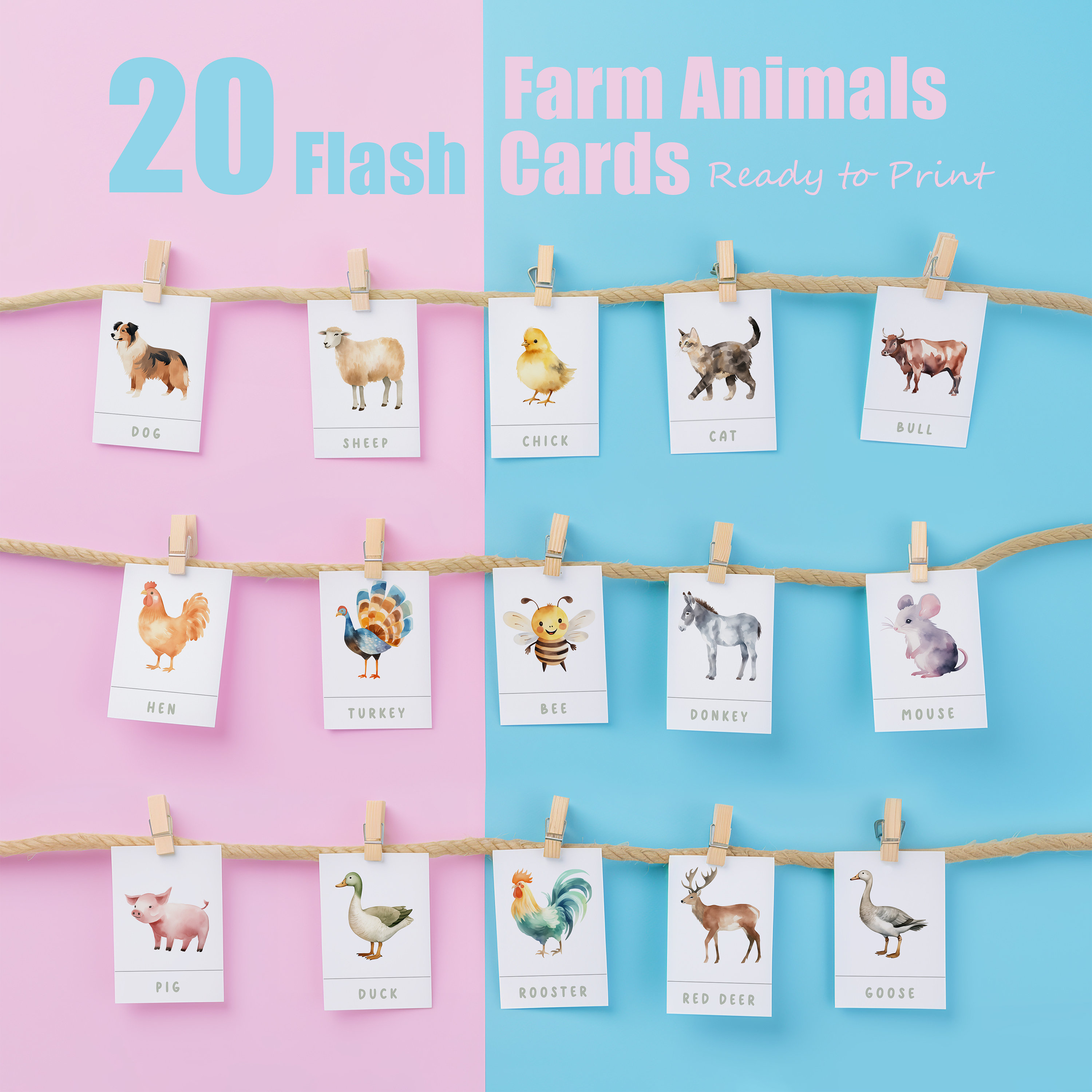 Watercolor Farm Animals Cards, 20 Montessori Flash Cards, Pre-school ...