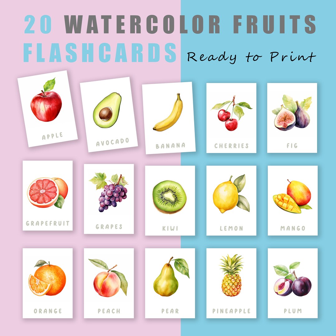 20 Printable Watercolor FRUIT Flashcards, 20 Montessori Flash Cards ...