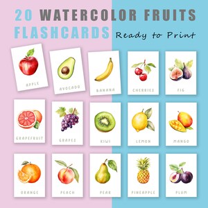 20 Printable Watercolor FRUIT Flashcards, 20 Montessori Flash Cards ...