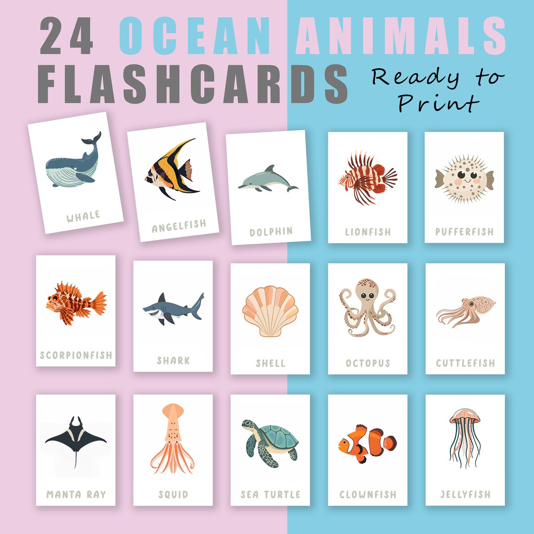 Ocean Animals Flash Cards, 24 Montessori Cards, Printable Sea Animals ...