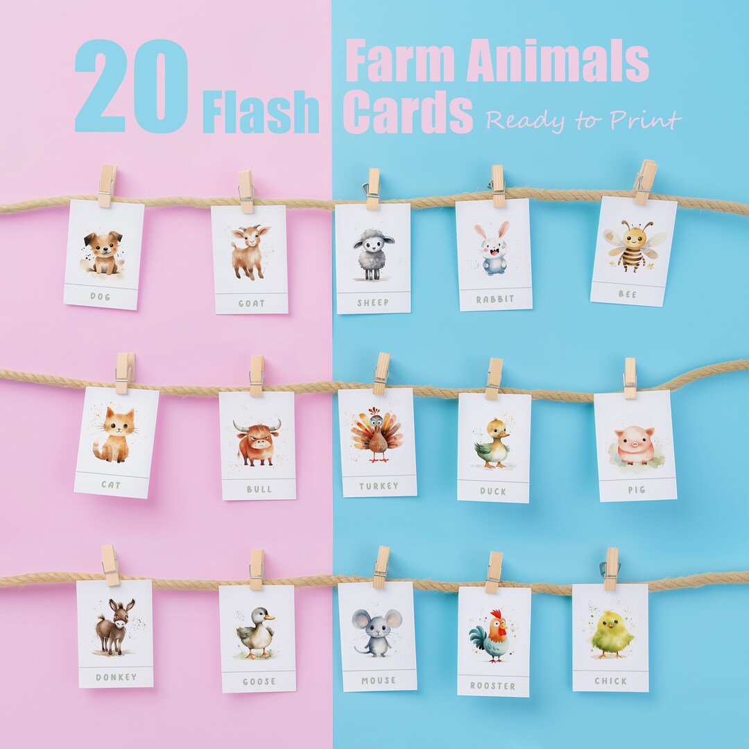 Watercolor Farm Animals Cards, 20 Montessori Flash Cards, Pre-school ...