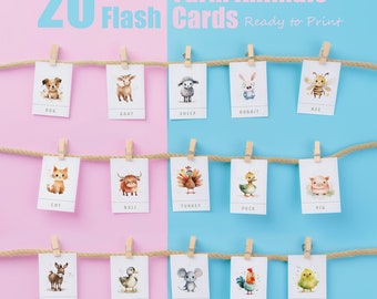 Watercolor Farm Animals Cards, 20 Montessori Flash Cards, Pre-school ...