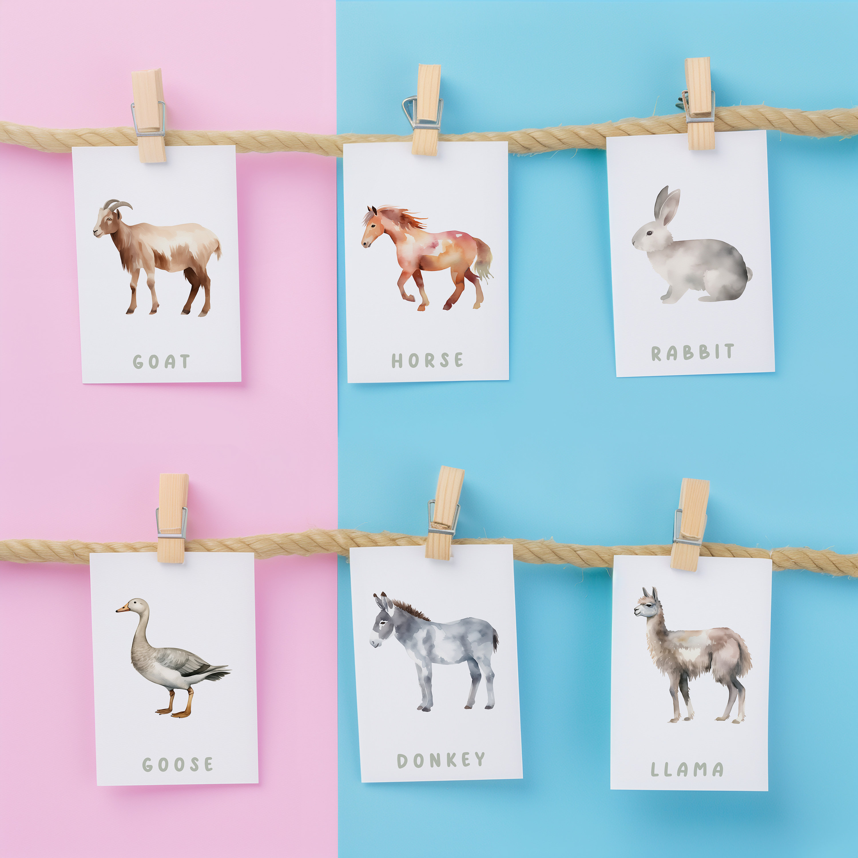 Watercolor Farm Animals Cards, 20 Montessori Flash Cards, Pre-school ...