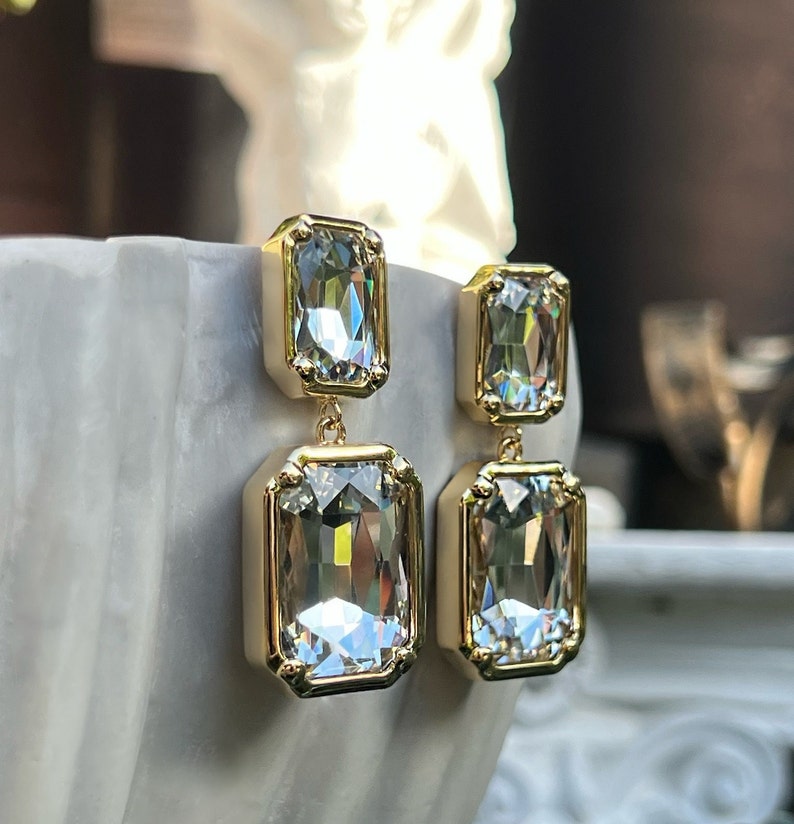 18K Gold Filled Bold Dangling Crystal Stone Drop Earrings Chunky Gold ...