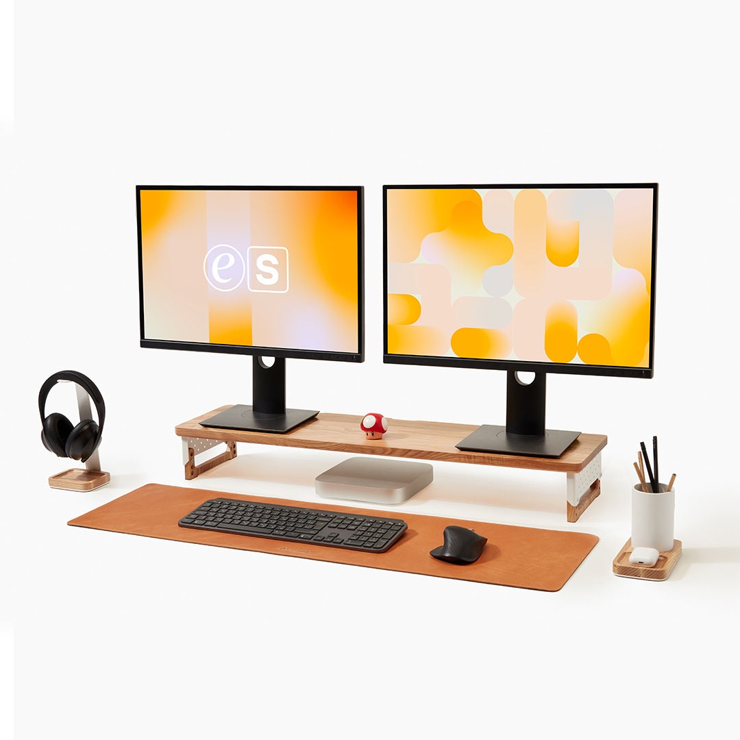 Wood Dual Monitor Stand for Desk, Wooden Monitor Riser, Wood Desk ...