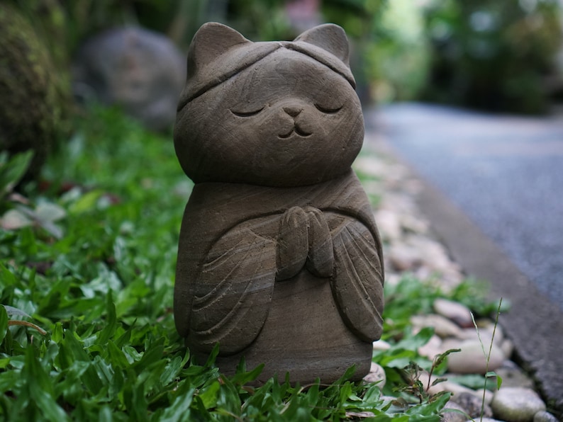 Cat Meditate 7.8" Inch / 20 Cm , Cat Jizo, Kasa Jizo, Japanese, Stone ...
