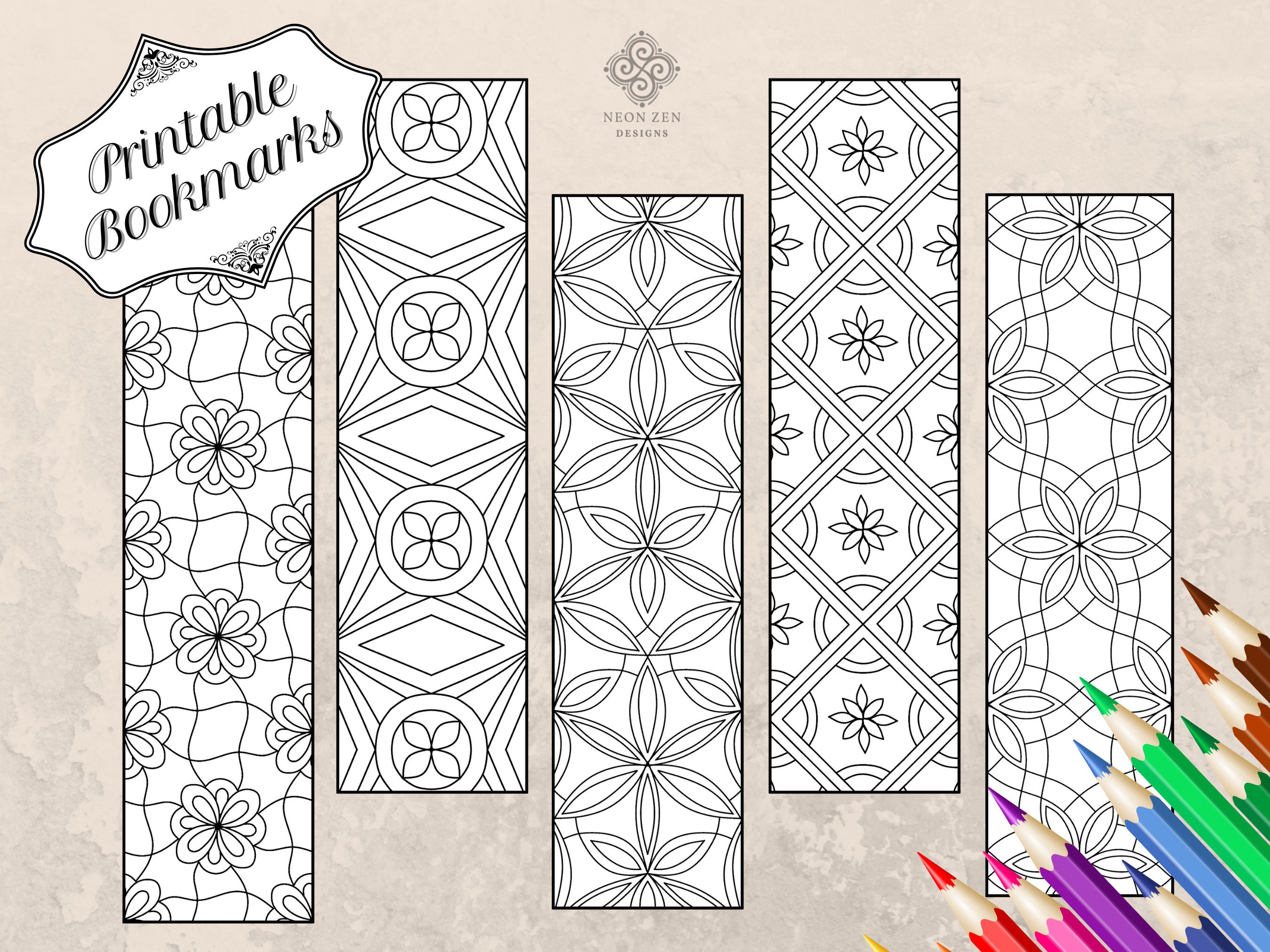 PRINTABLE Bookmarks Set of 5, Geometric Colouring Bookmarks, Mini ...