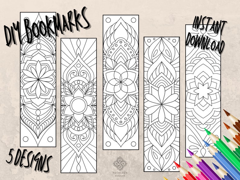 PRINTABLE Mandala Zendoodle Colouring Bookmarks, 5 Designs, Instant ...