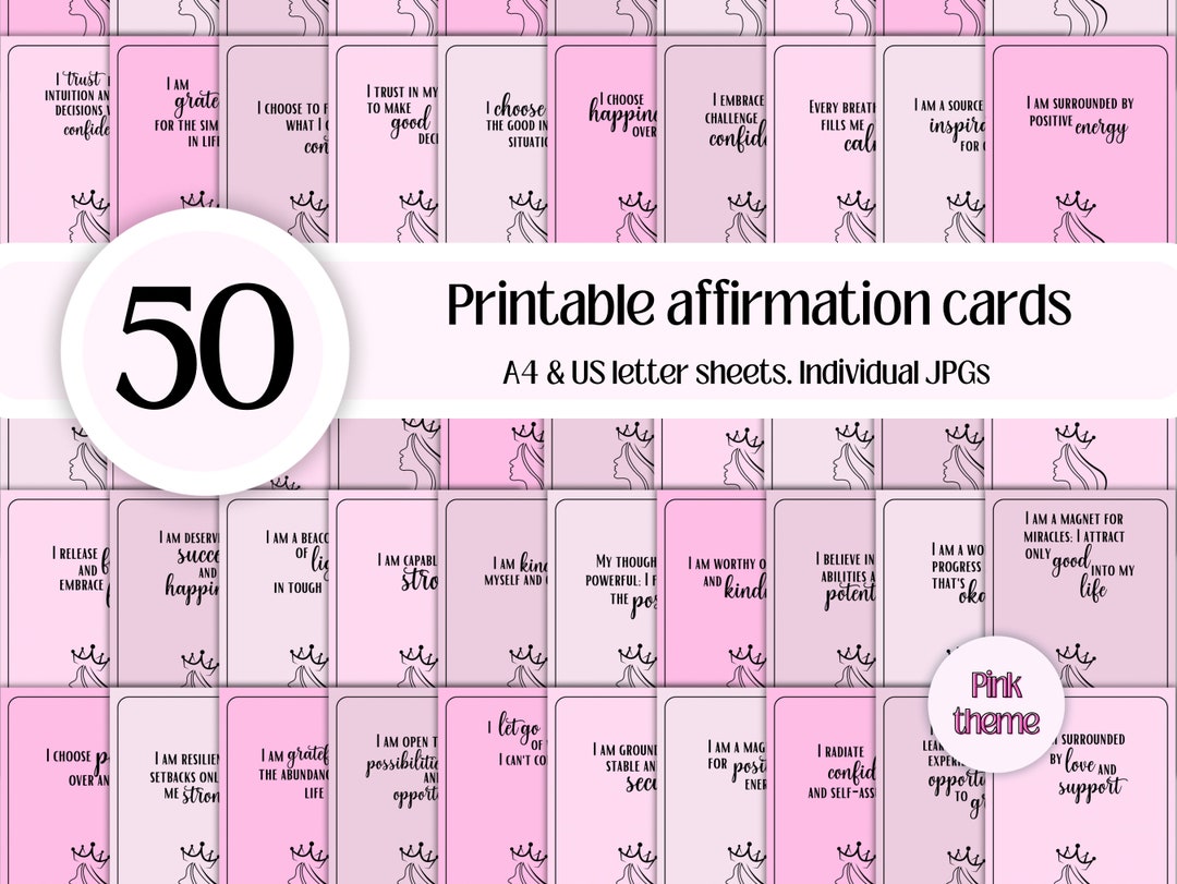 Printable Affirmation Cards, 50 Pink Affirmation Cards Digital, Vision ...