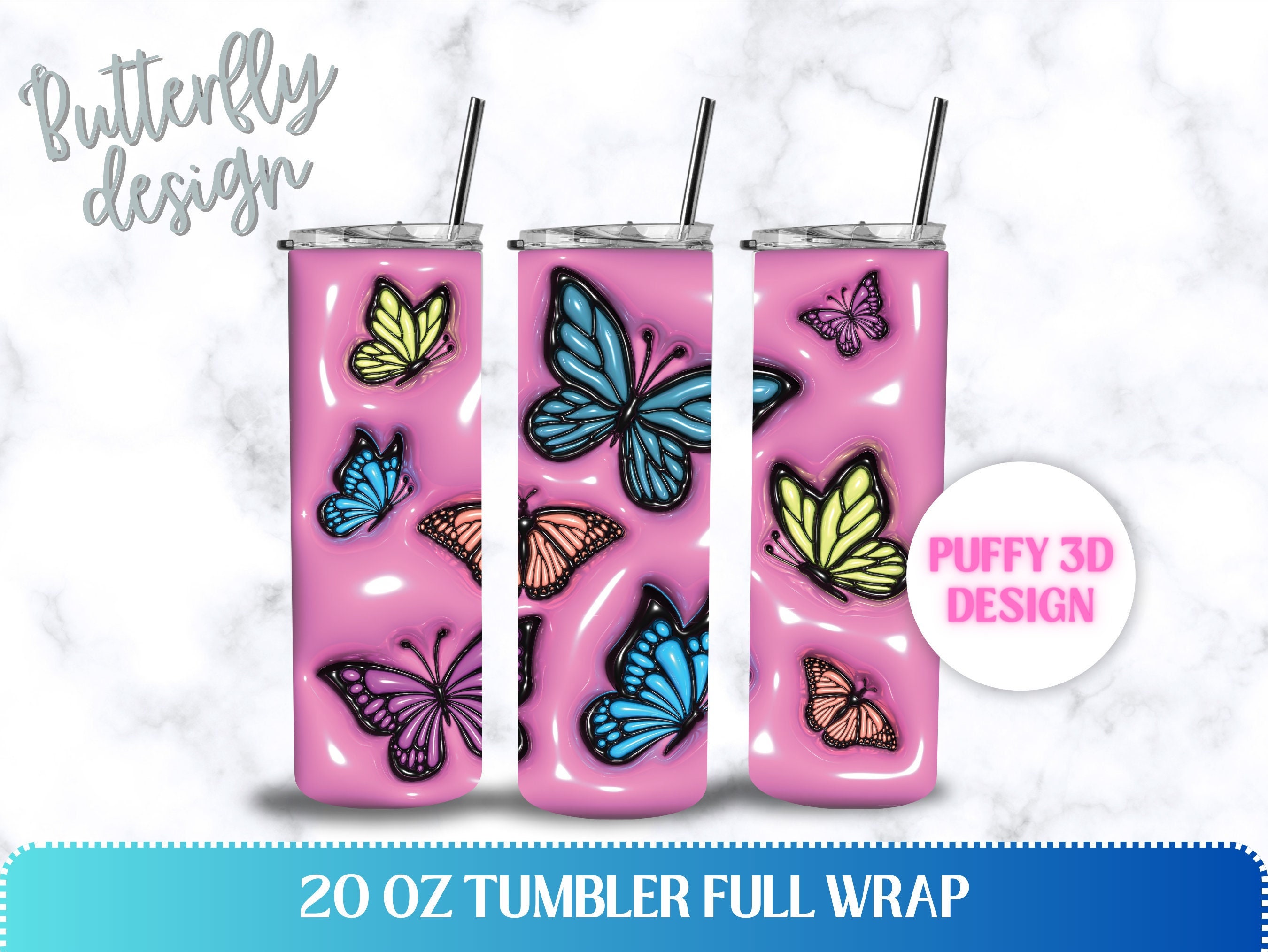3d Inflated Butterfly Tumbler Wrap, Puffy Pink Png, 20oz Skinny ...