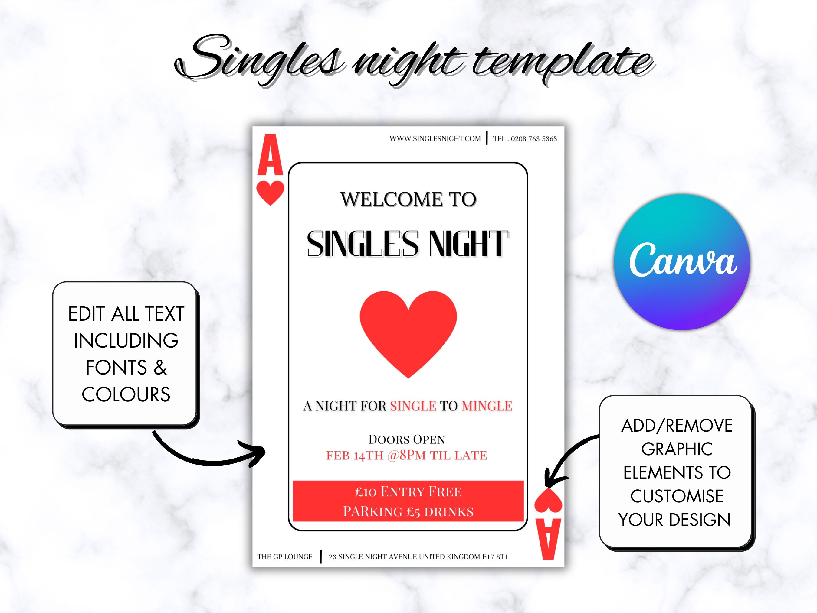 Printable Singles Night Flyer Template, Editable Canva Template, Club ...