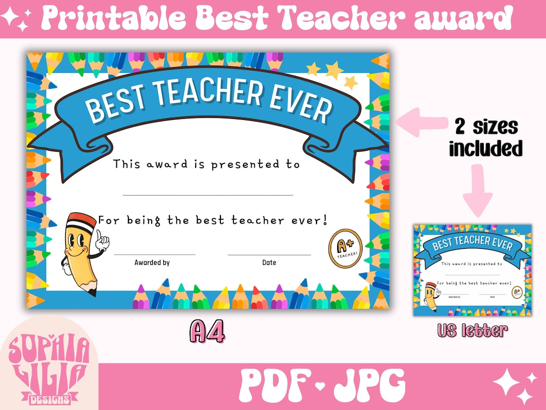 Best Teacher Ever Award Printable, Best Teacher Certificate, Gift for ...